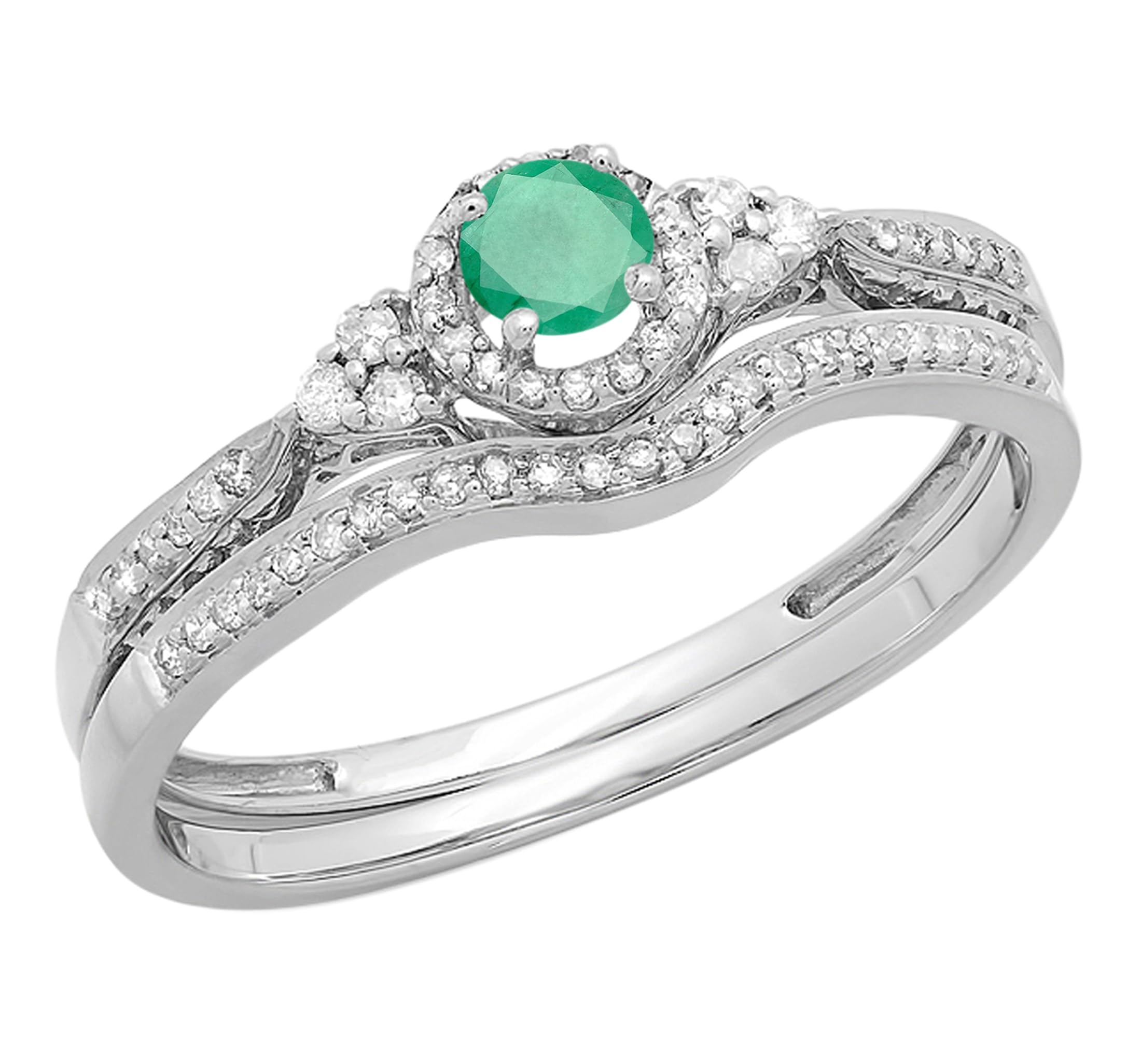 Dazzlingrock Collection 10K Round Emerald And White Diamond Ladies Halo Style Bridal Engagement Ring Set, White Gold, Size 6