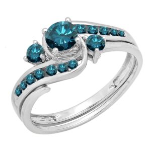 dazzlingrock collection 0.90 carat (ctw) 14k round blue diamond women swirl bridal engagement ring set, white gold, size 5.5