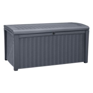 keter borneo 416l storage box, all-weather wicker rattan-style resin deck box and stylish outdoor bench with piston-assisted lockable lid, light grey