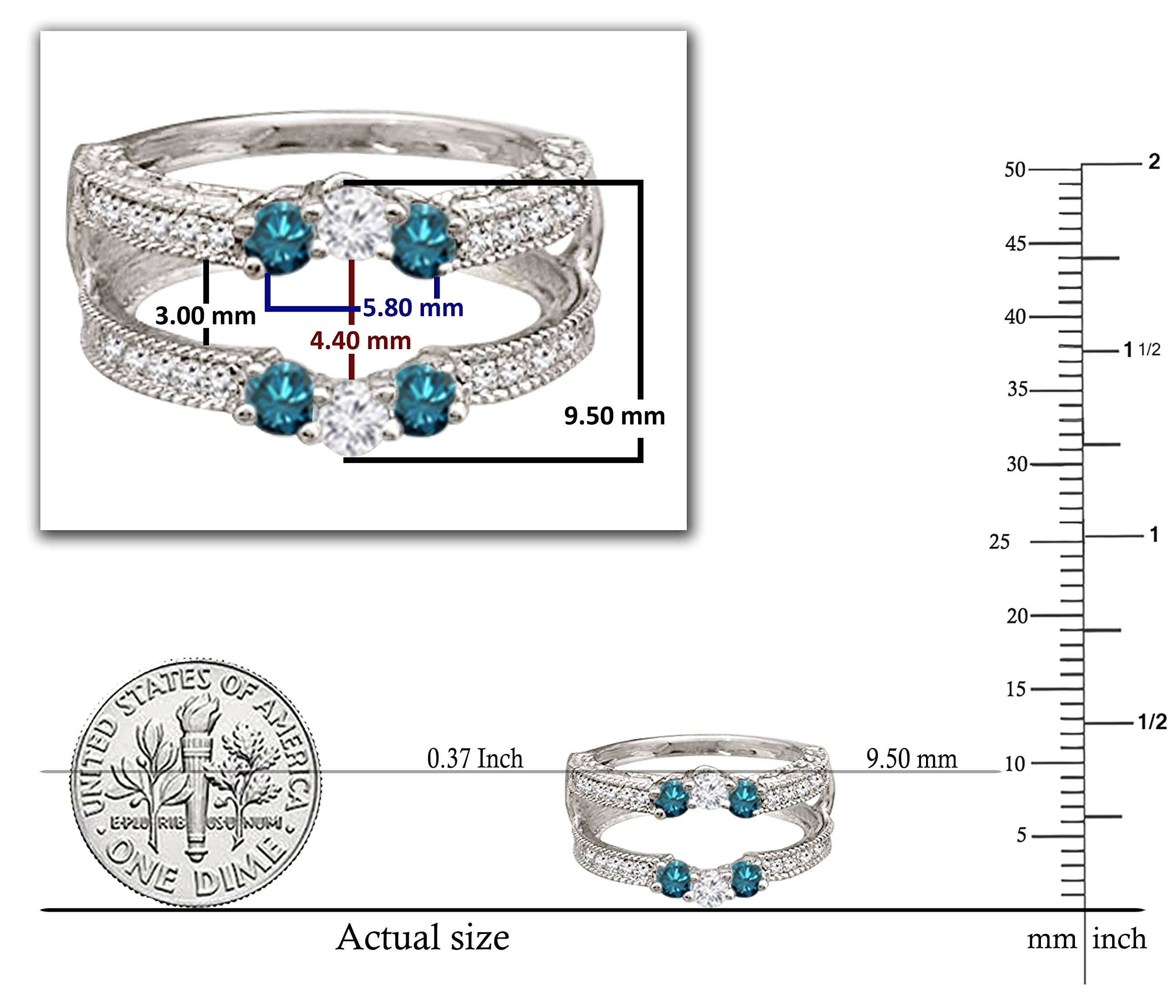 Dazzlingrock Collection 0.60 Carat (Ctw) Round Blue & White Diamond Contour Double Guard Enhancer Wedding Ring for Her in 10K White Gold, Size 6.5