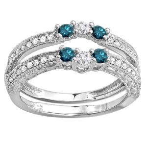 Dazzlingrock Collection 0.60 Carat (Ctw) Round Blue & White Diamond Contour Double Guard Enhancer Wedding Ring for Her in 10K White Gold, Size 6.5