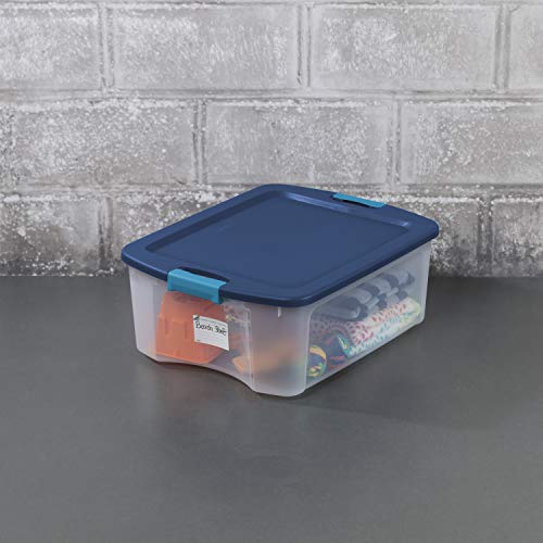 Sterilite 12 Gal Latch and Carry, Stackable Storage Bin with Latching Lid, Plastic Container to Organize Closets, Clear with Blue Lid, 6-Pack