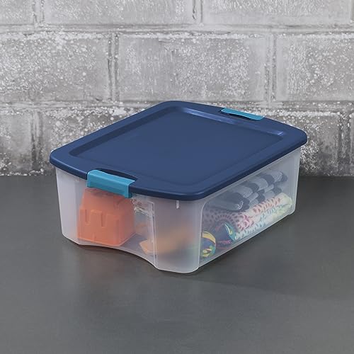 Sterilite 12 Gal Latch and Carry, Stackable Storage Bin with Latching Lid, Plastic Container to Organize Closets, Clear with Blue Lid, 6-Pack