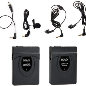 Movo WMIC50 2.4GHz Wireless Lavalier Microphone System with Integrated 164-foot Range Antenna (includes Transmitter with Belt Clip, Receiver with Camera Shoe, Lapel Mic and 2 Earphones)