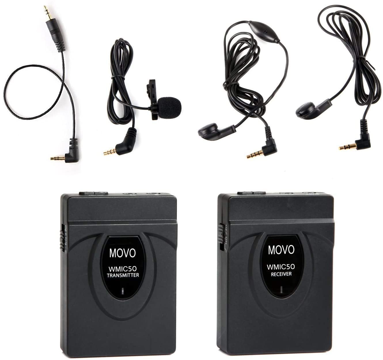 Movo WMIC50 2.4GHz Wireless Lavalier Microphone System with Integrated 164-foot Range Antenna (includes Transmitter with Belt Clip, Receiver with Camera Shoe, Lapel Mic and 2 Earphones)