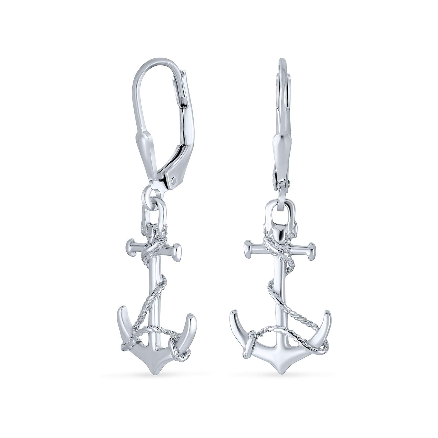 Tropical Beach Vacation Honeymoon Simple Nautical Boat Rope Anchor Lever Back Dangle Earrings For Women Teen .925 Sterling Silver