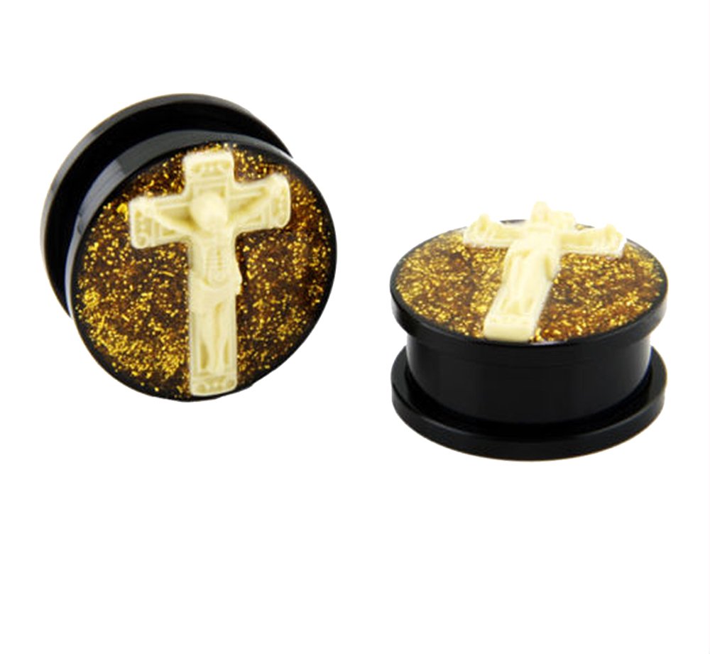 AP-594 Acrylic Screw on Ear Plugs Gold Glitter and Jesus on Cross gauges (1" - 25mm)