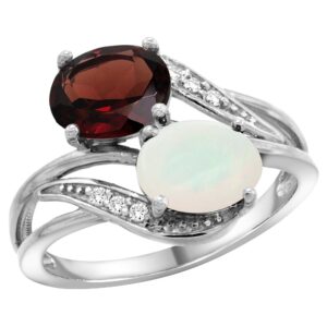 10k white gold diamond natural garnet & opal 2-stone ring oval 8x6mm, size 8