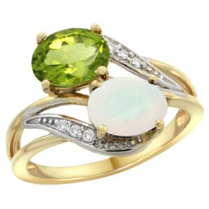 silver city jewelry 14k yellow gold diamond natural peridot & opal 2-stone ring oval 8x6mm, size 8