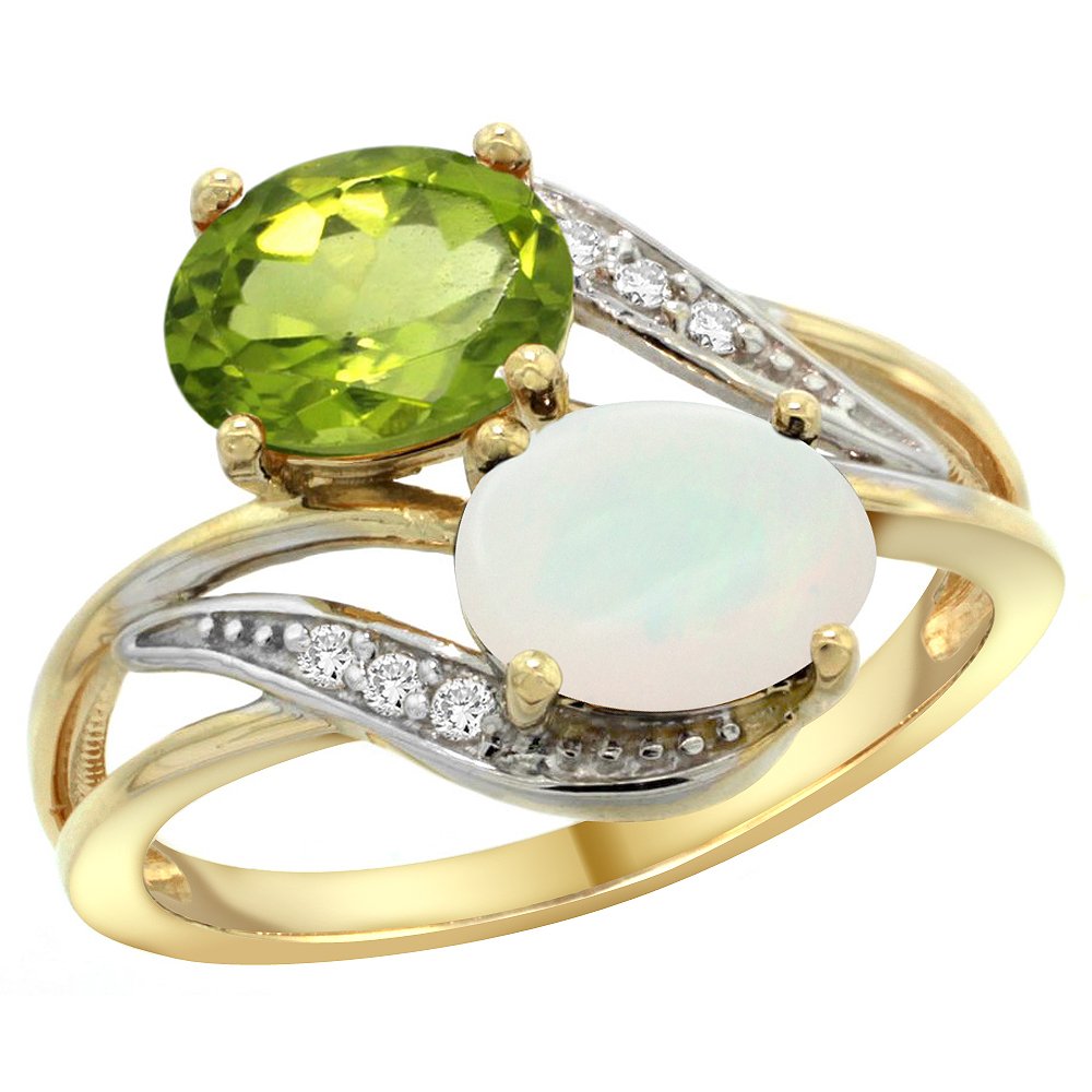 Silver City Jewelry 14K Yellow Gold Diamond Natural Peridot & Opal 2-Stone Ring Oval 8x6mm, Size 8