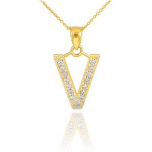 sideways crosses 10k yellow gold diamond initial letter v pendant necklace, 22"