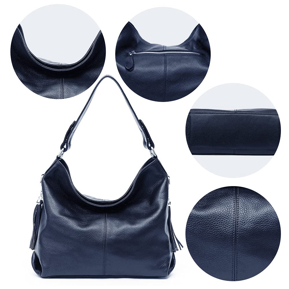 Fashion Soft Real Genuine Leather Tassel Women's Handbag Ladies Shoulder Tote Messenger Hobo Bag Purse Satchel Black White (Dark Blue)