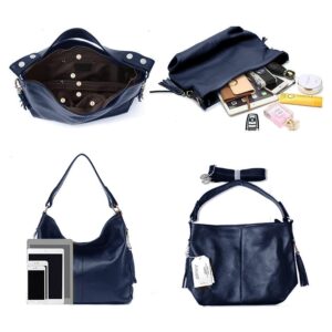 Fashion Soft Real Genuine Leather Tassel Women's Handbag Ladies Shoulder Tote Messenger Hobo Bag Purse Satchel Black White (Dark Blue)