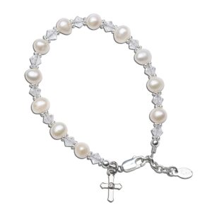 precious pieces first communion gift for girls sterling silver cross bracelet with cultured pearl and crystals for girls (lg)