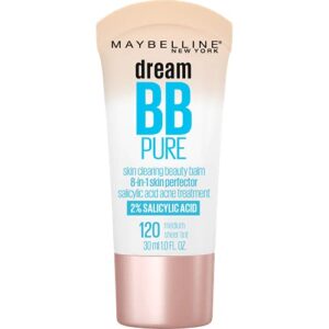 maybelline dream pure skin clearing bb cream, 8-in-1 skin perfecting beauty balm with 2% salicylic acid, sheer tint coverage, oil-free, medium, 1 count