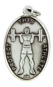 sterling silver saint sebastian male weight lifting sports athlete medal, 1 1/16 inch