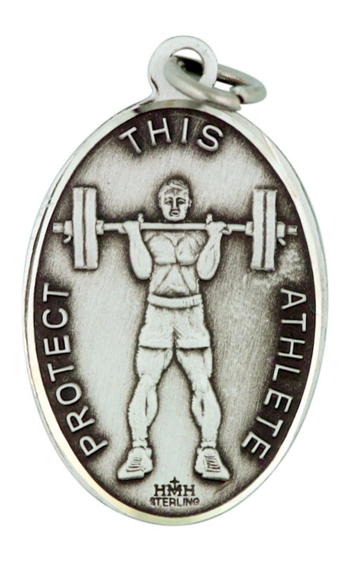 Sterling Silver Saint Sebastian Male Weight Lifting Sports Athlete Medal, 1 1/16 Inch