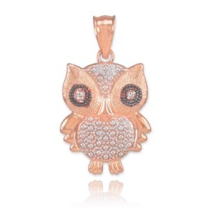 fine 14k two-tone rose gold diamond owl charm pendant