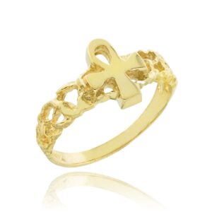 solid 10k yellow gold nugget band egyptian ankh cross knuckle ring, size 8