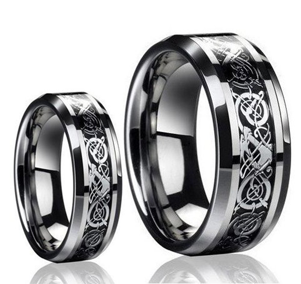 2 Rings His & Her's 8mm/6mm Dragon Design Tungsten Carbide Wedding Band Ring Set, Sizes 5-14 Including Half Sizes .Please E-mail Sizes