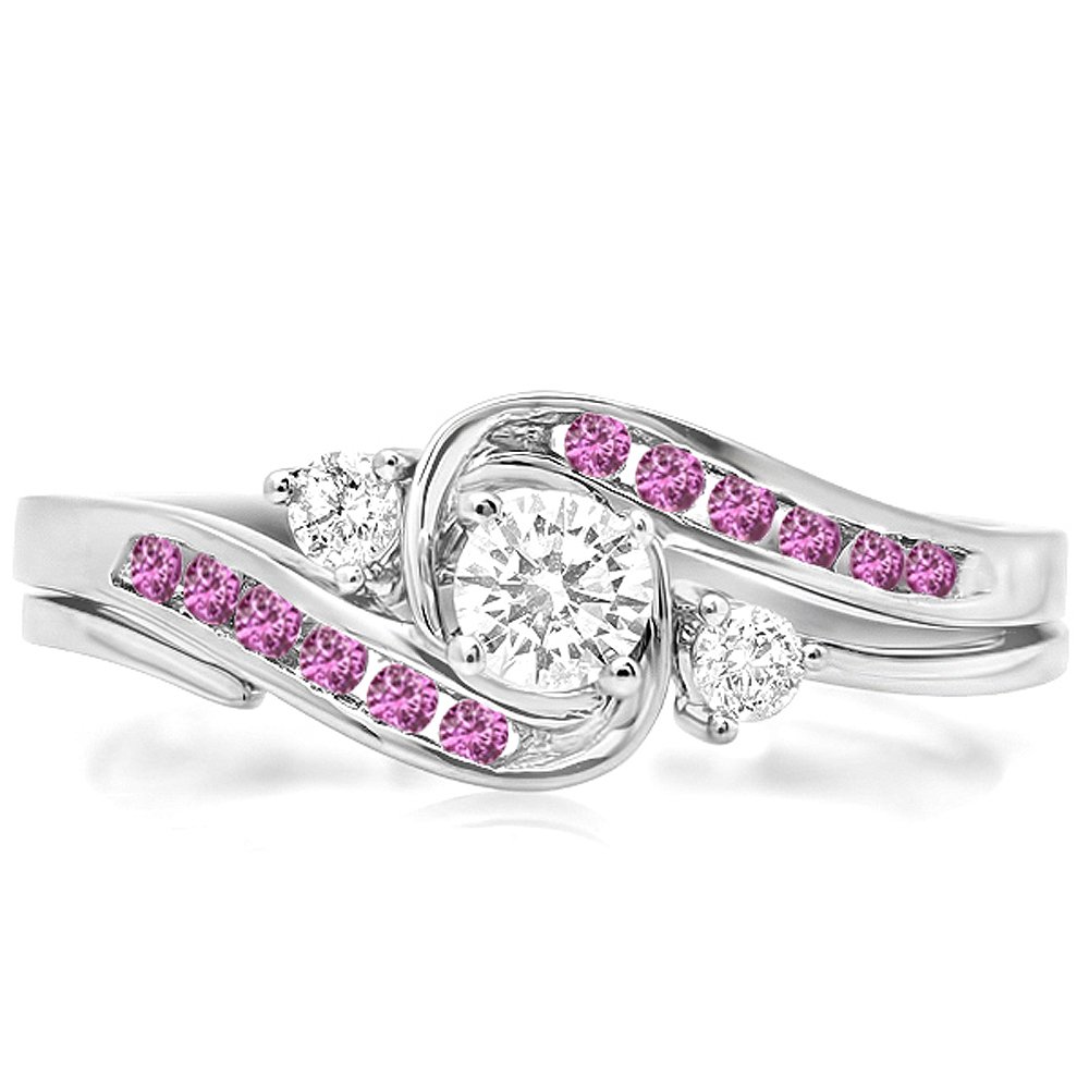 Dazzlingrock Collection 14K Round Pink Sapphire & White Diamond Swirl Bridal Engagement Ring With Set, White Gold, Size 7