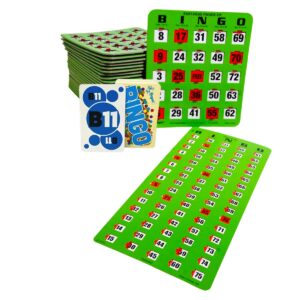 regal bingo finger-tip shutter bingo cards set w/sliding windows - 10 bingo shutter cards, 75 reusable calling cards, 1 master board - ideal for family fun night - no chips & daubers needed - green