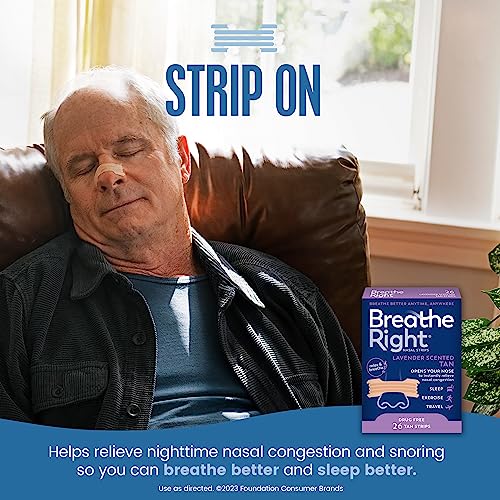 Breathe Right Nasal Strips Lavender Scent Extra Strength Tan Nasal Strips Help Stop Snoring Drug-Free Snoring Solution & Nasal Congestion Relief Caused By Colds & Allergies 26ct (packaging may vary)