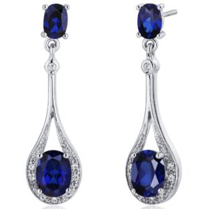 peora created blue sapphire dangle earrings 925 sterling silver, halo drop oval shape, 5 carats total, friction backs