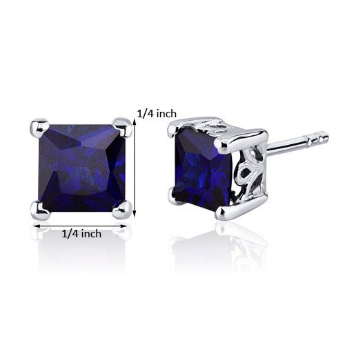 Peora Created Blue Sapphire Stud Earrings 925 Sterling Silver, Solitaire Scroll Gallery, 2.50 Carats Total Princess Cut 6mm, Friction Backs