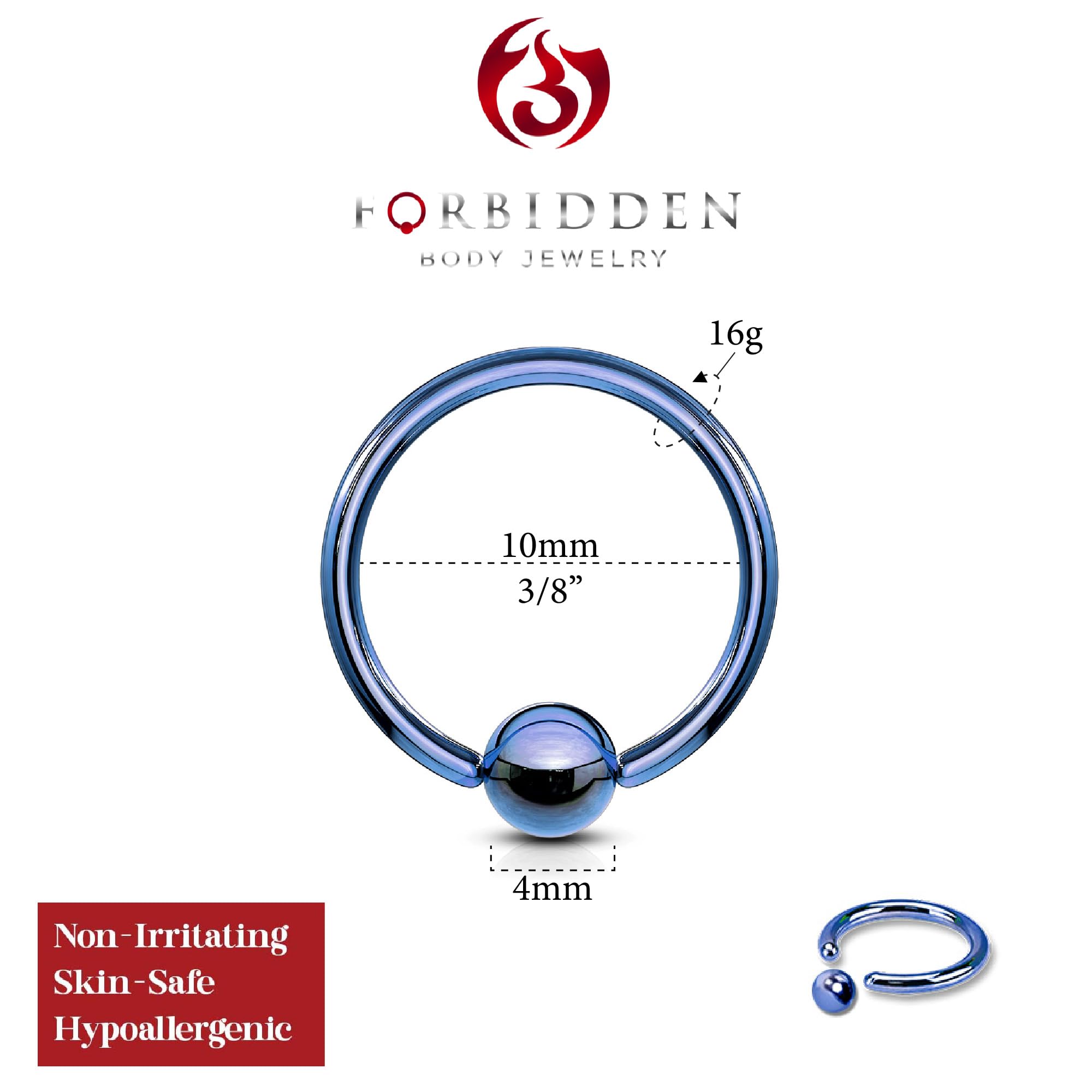 Forbidden Body Jewelry 16g 3/8 Inch Surgical Steel Blue IP Plated Captive Bead Hoop Ring