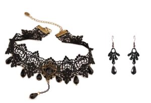 charm.l grace black lace gothic lolita pendant choker necklace earrings set