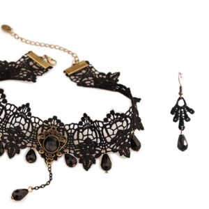 Charm.L Grace Black Lace Gothic Lolita Pendant Choker Necklace Earrings Set