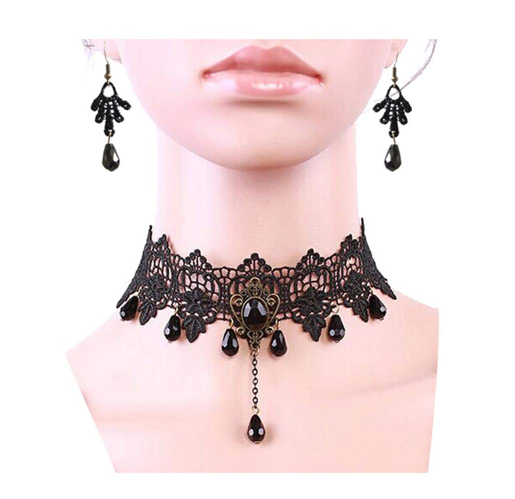 Charm.L Grace Black Lace Gothic Lolita Pendant Choker Necklace Earrings Set