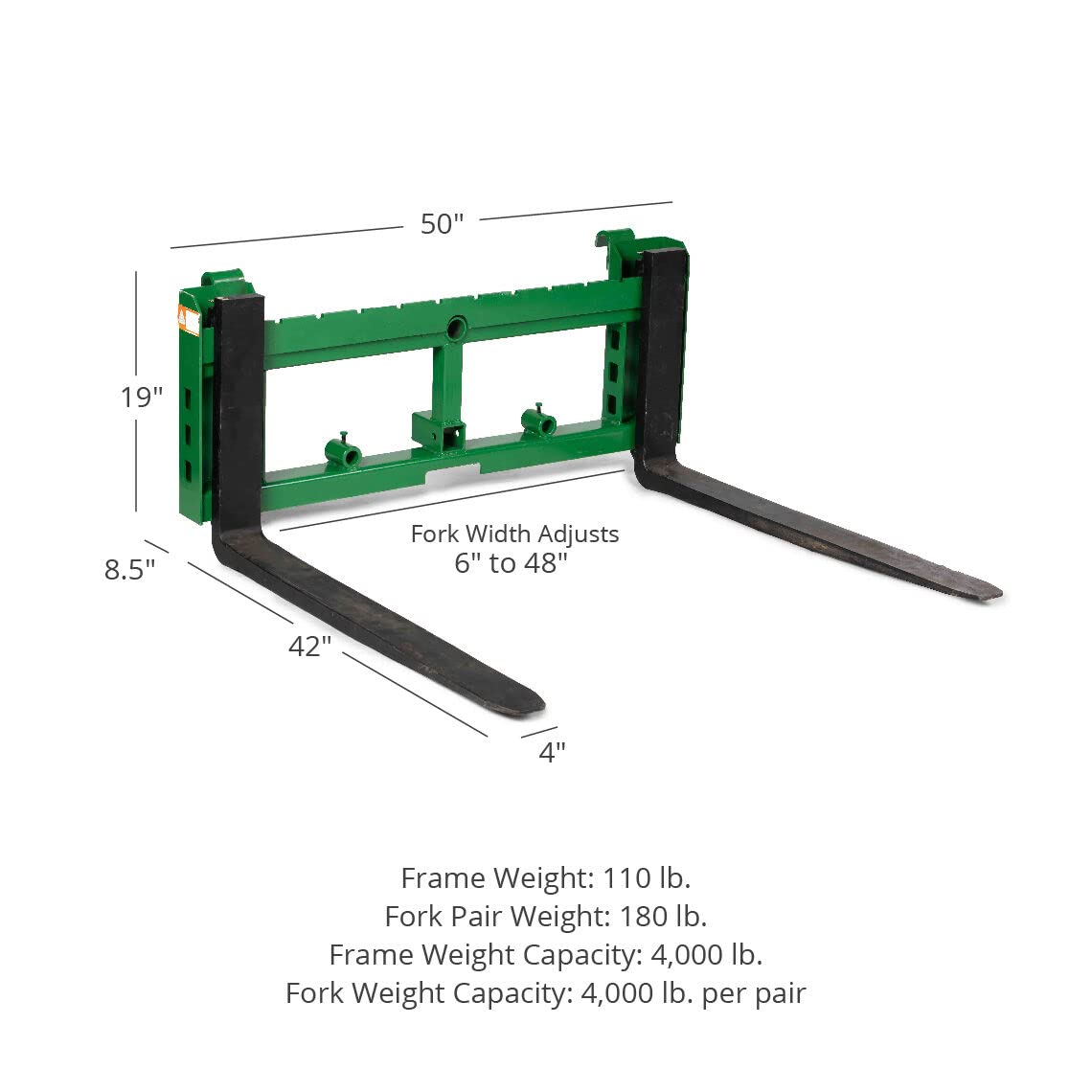 Titan Attachments Pallet Fork Attachment, 42â€ Fork Blades, Rated 3,000 LB, Receiver Hitch, Fits John Deere Loaders