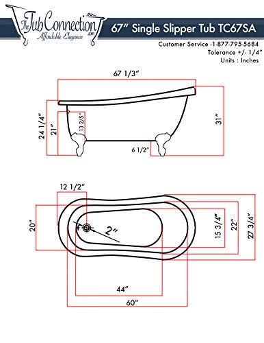 Freestanding 67" Acrylic Slipper Bathtub with NO Faucet Holes & Oil Rubbed Bronze Feet- "Miller"