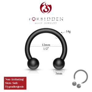 Forbidden Body Jewelry 14g 12mm Surgical Steel Matte Black IP Plated Horseshoe Body Piercing Ring, 5mm Balls