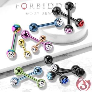 Forbidden Body Jewelry 14G 16mm (5/8 Inch) CZ Crystal Surgical Steel Rainbow IP Plated Tongue Ring