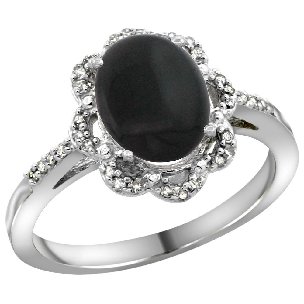 Sterling Silver Diamond Halo Natural Black Onyx Ring Oval 9x7mm, 7/16 inch wide, size 10