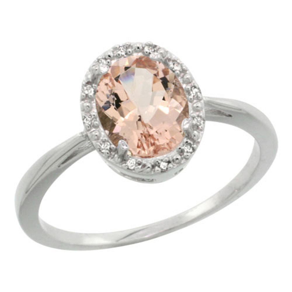 Sterling Silver Natural Morganite Diamond Halo Ring Oval 8X6mm, 1/2 inch wide, size 10