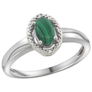 sterling silver diamond halo natural malachite ring oval 6x4 mm, 3/8 inch wide, size 5