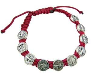 saint st benedict medal on adjustable red cord bracelet, 8 inch