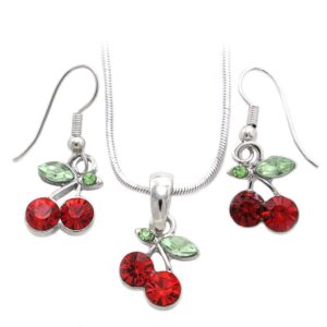 soulbreezecollection cherry necklace fruit pendant charm dangle drop earrings red green rhinestone fashion jewelry set