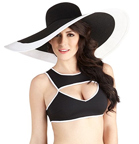 HISSHE Noble Straw Wide Brim Hat Floppy Beach Sunhat with White Brim (Black with White)