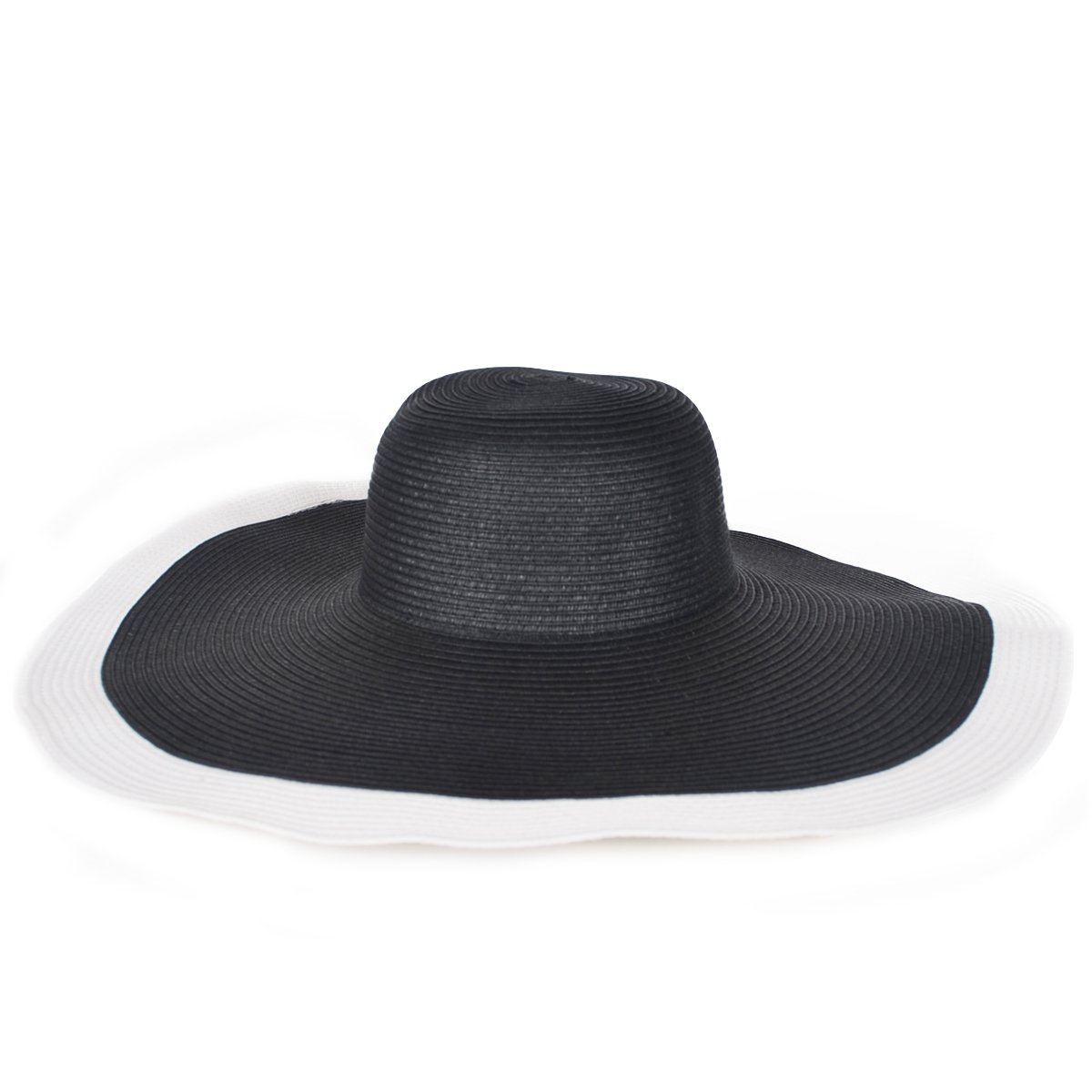 HISSHE Noble Straw Wide Brim Hat Floppy Beach Sunhat with White Brim (Black with White)