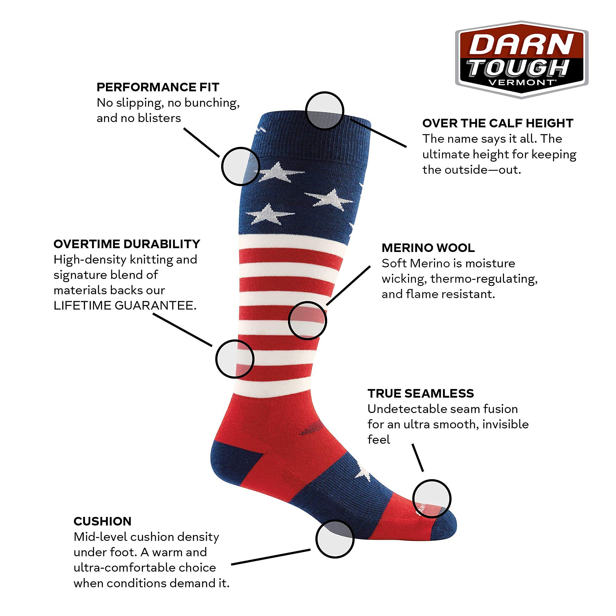 DARN TOUGH (Style 1818) Men's Captain Stripe Snow Sock - Stars and Stripes, Medium