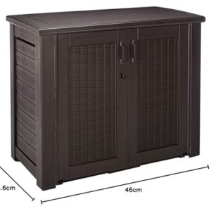 Rubbermaid Decorative Outdoor Storage Cabinet (123 Gal), Weather Resistant, Dark Brown, Organization for Home/Backyard/Pool Chemicals/Toys/Garden Tools/Porch/Patio Cushions