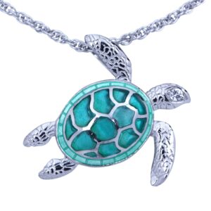 nautora green sea turtle necklace crafted in sterling silver and green vitreous enamel with an 18 inch chain