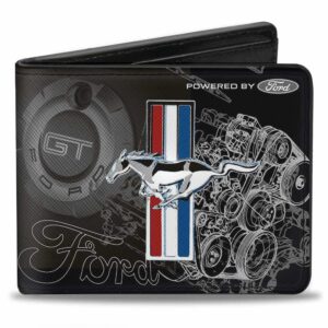 buckle-down men's pu bifold wallet-mustang tri-bar stripe/gt motor blueprint, multicolor, 4.0" x 3.5"