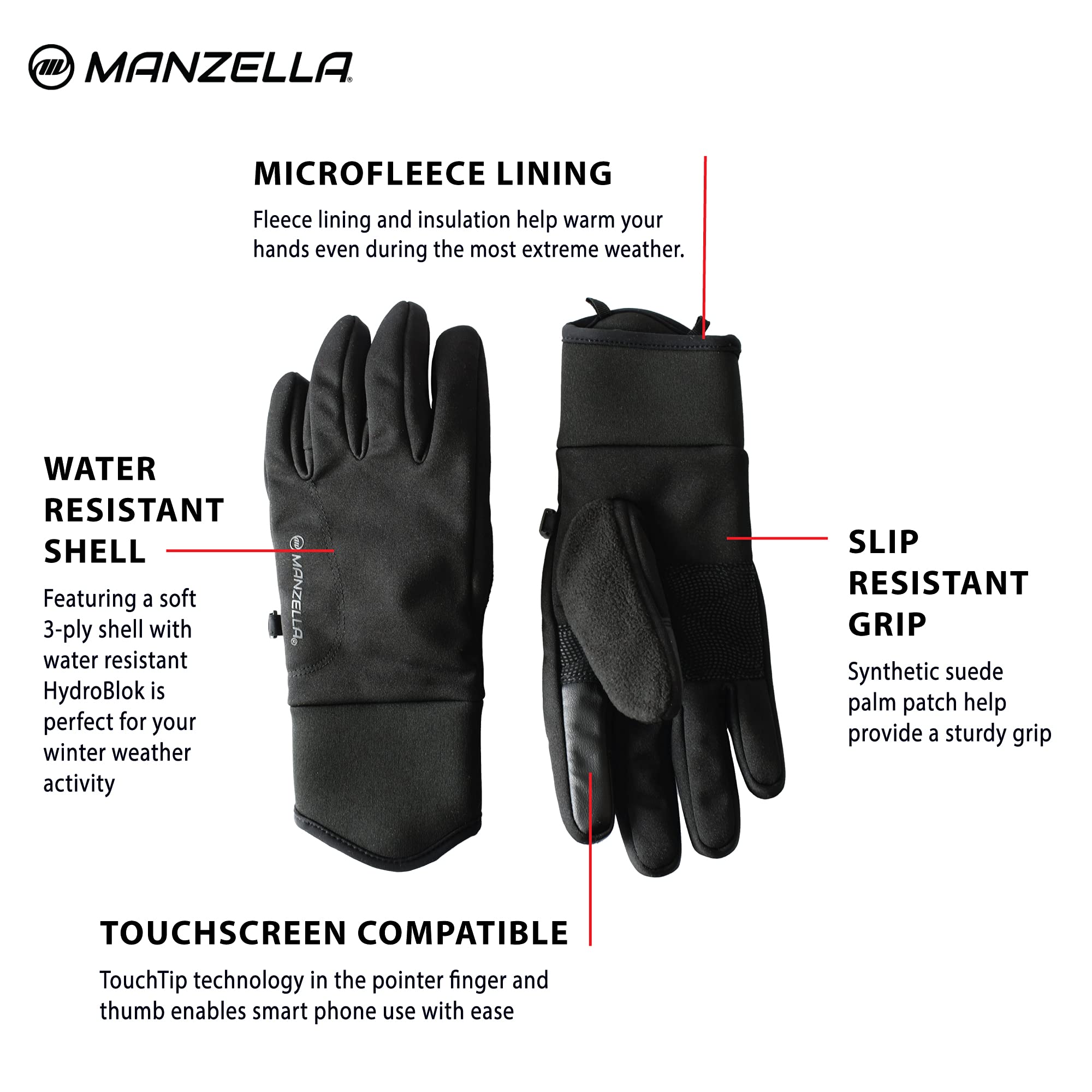 Manzella Women's All Elements 3.0 Cold Weather Sports Glove, Waterproof, Windproof, Touchscreen Capable, Black, Medium