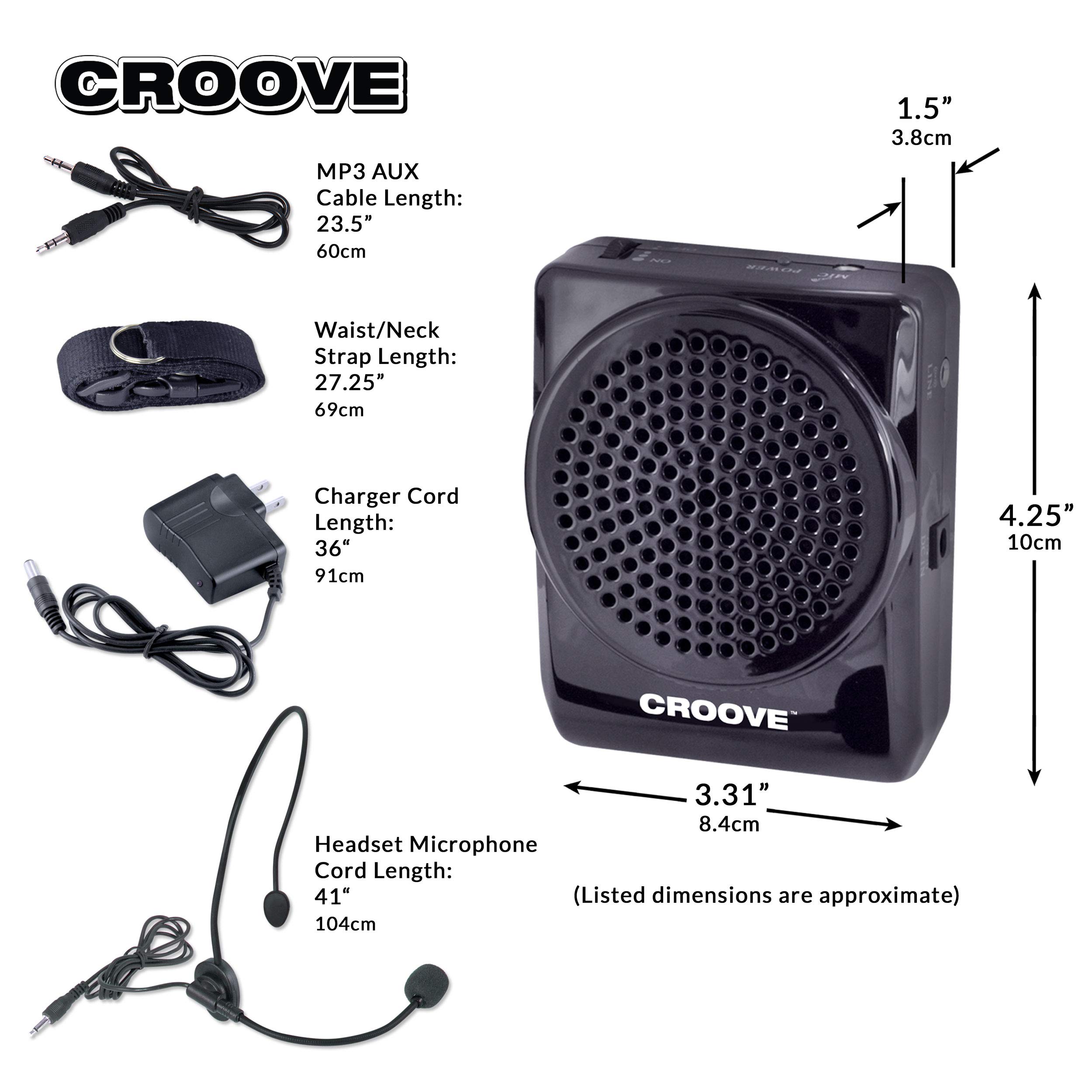 Croove Rechargeable Voice Amplifier Microphone Headset, Supports MP3 | Portable Microphone and Speaker Set with Waist/Neck Band & Belt Clip | Voice Amplifier Ideal for Teachers